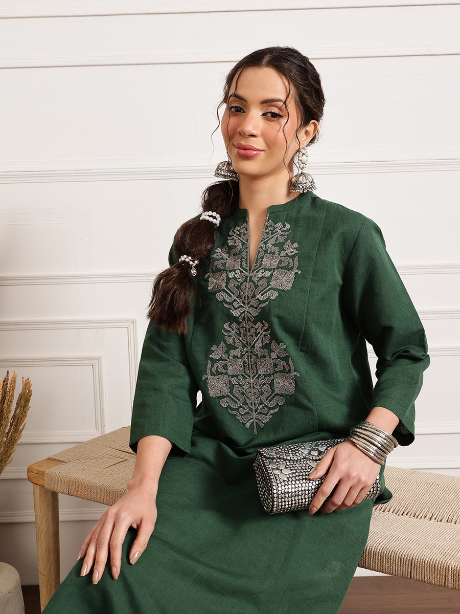 Barara Emerald Linen Green Embroidered Kurta – HOUSEOFW